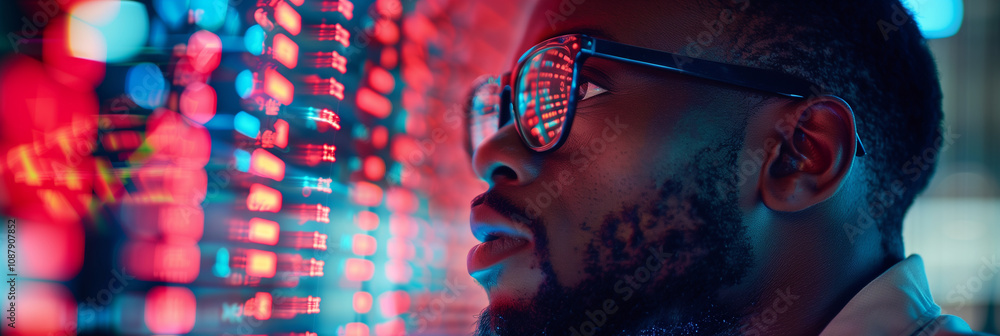 AI cyber security threat illustration, black african american man working in computer monitor ...