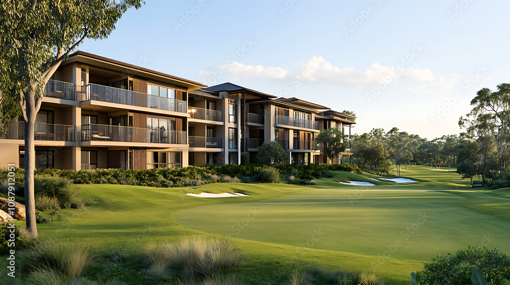 Modern residential apartment building, three storeys with balconies and ...
