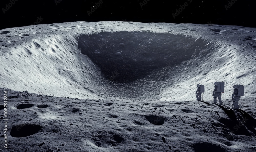 Mining Expedition in a Lunar Crater A lunar crater where a mining ...