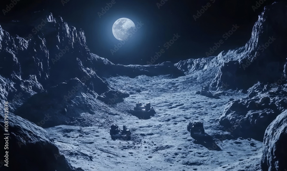 Mining Expedition in a Lunar Crater A lunar crater where a mining ...