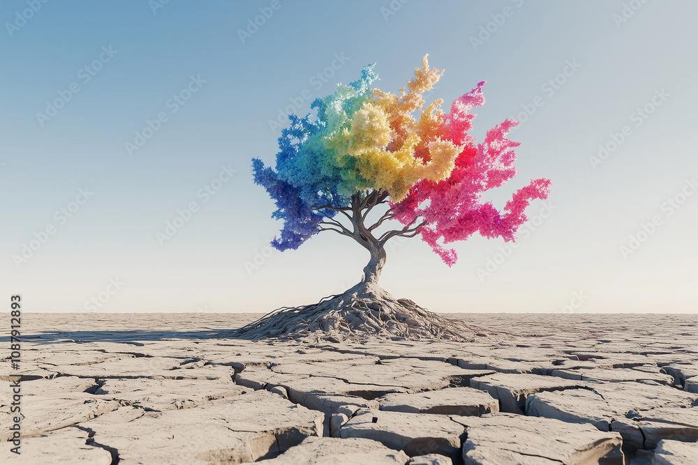Beautiful rainbow coloured tree growing in a grey desert desolate ...