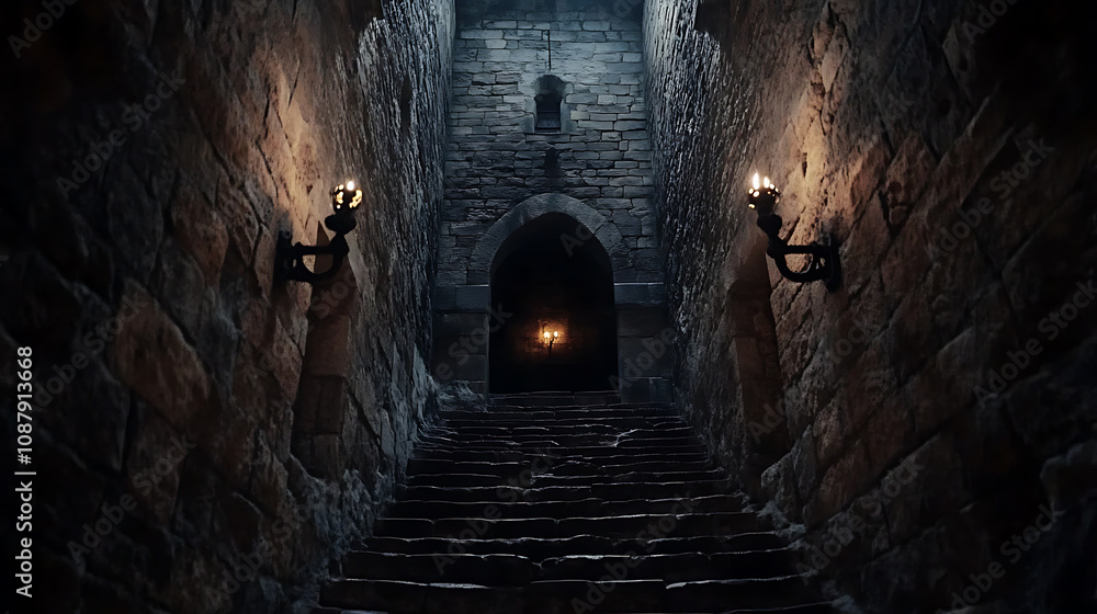Medieval castle dungeon interior ominous stone walls flickering torches ...