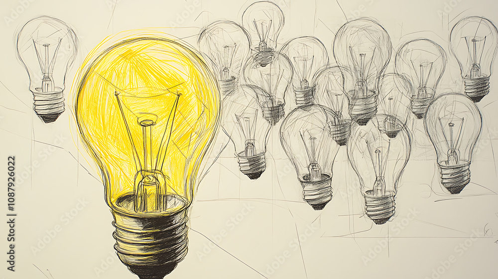 A line drawing of light bulbs on white background, one bulb is glowing ...