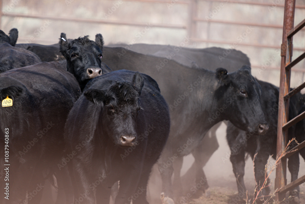 Foto de Stock Black and red Angus cows and calves walking into fall ...
