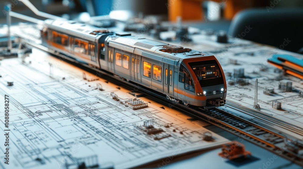 Tabletop setup with a detailed metro rail transport model, surrounded ...
