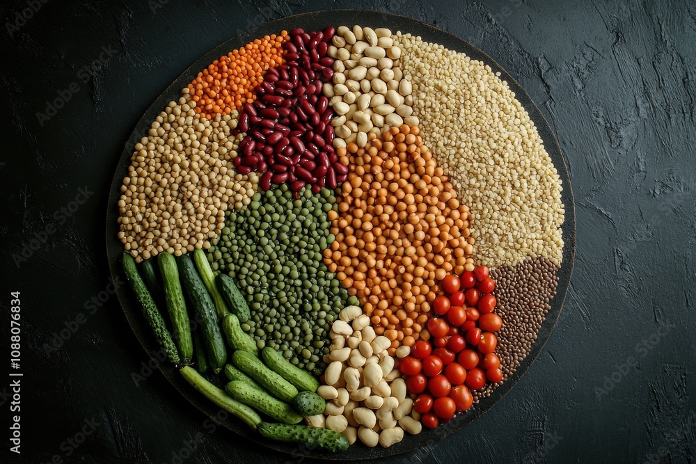 Fresh veggies, grains, and legumes are artfully arranged by color and ...