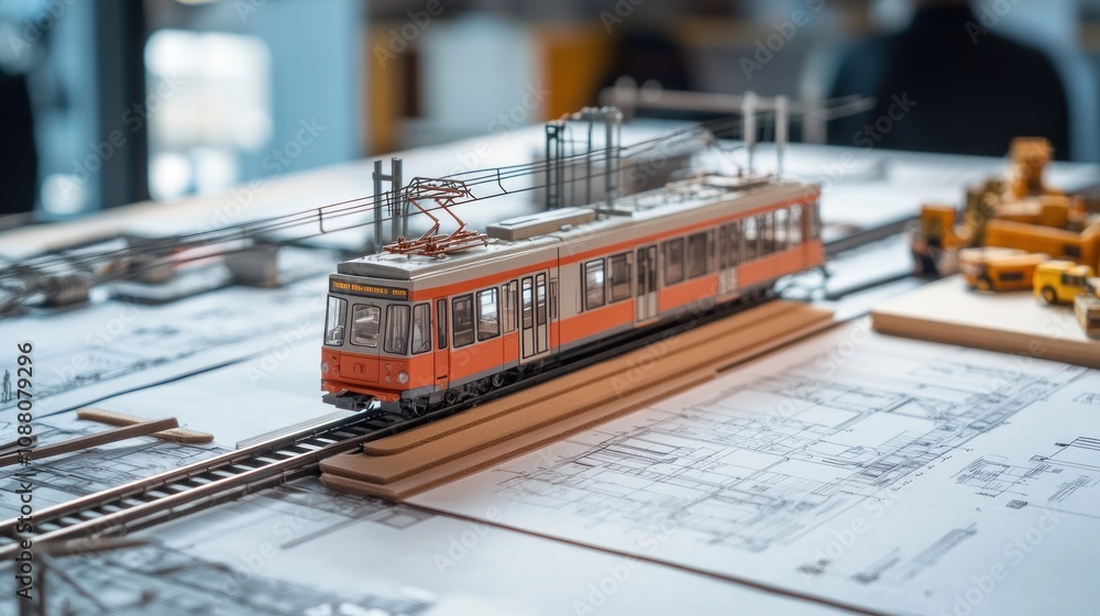 Tabletop setup with a detailed metro rail transport model, surrounded ...