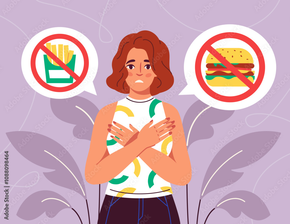 Woman reject fast food. Young girl refuses burger and fries. Takeaway ...