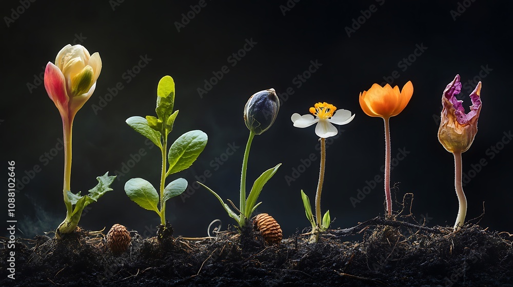 Life cycle of spring flowers from seed to wilt, against dark background ...