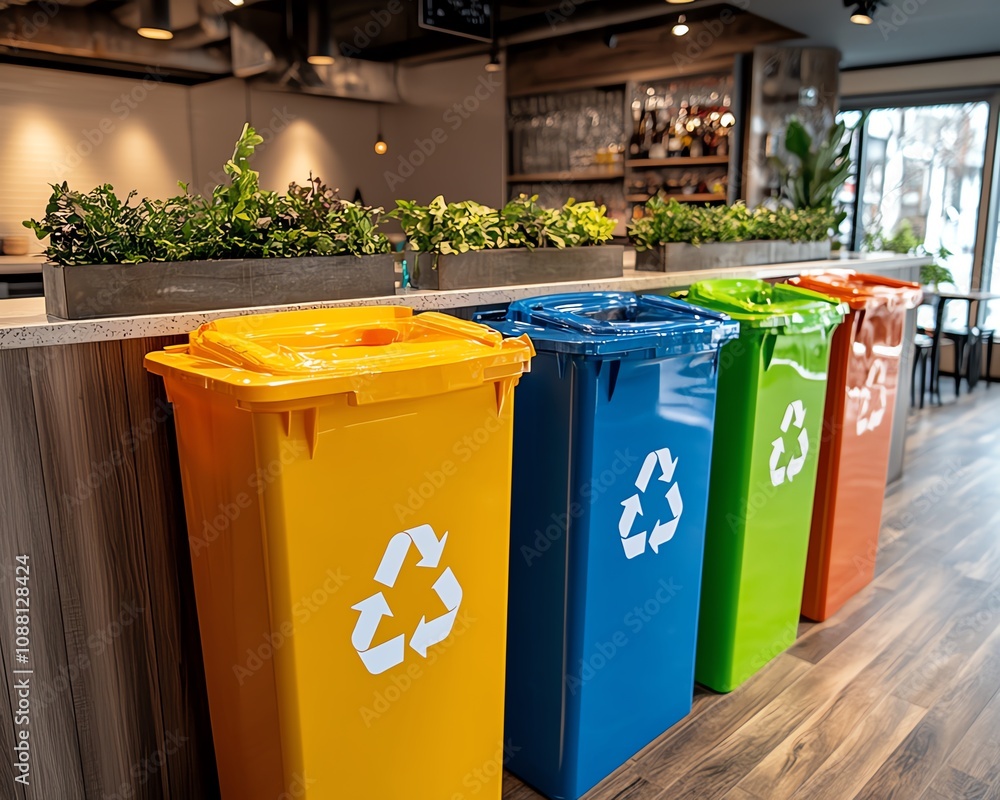Recycling bins for plastic, paper, and metal, colorcoded and marked ...