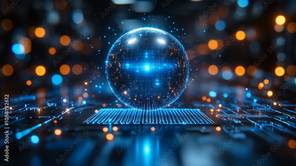 Up close display of an advanced quantum computer with metal spheres and geometric patterns ...