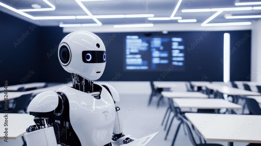A robotic teacher conducting a virtual class in a futuristic classroom ...