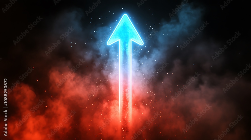 Glowing neon arrow pointing upwards through red and blue smoke. Stock ...