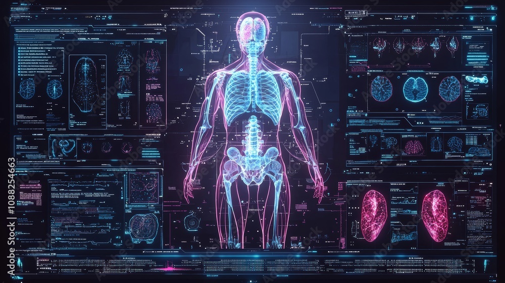 Layered holographic x-ray screen, complex digital readout, sci-fi user ...