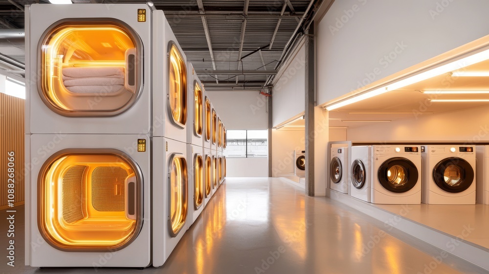 Urban hostel laundry area, compact stackable laundry units with eco ...
