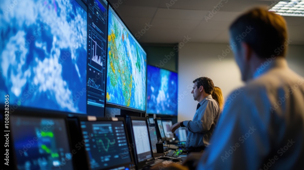 An advanced weather forecasting center with meteorologists analyzing ...