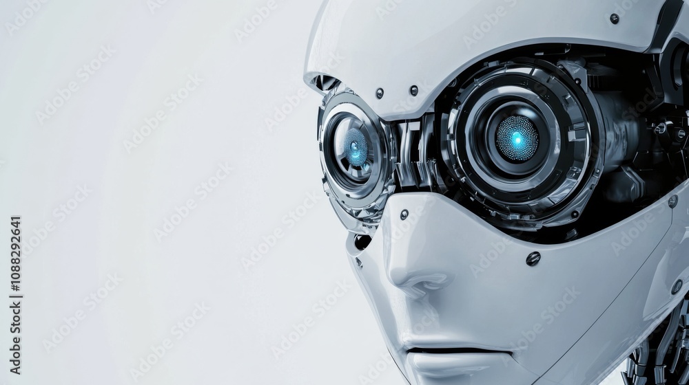 An extreme close-up of a humanoid robot's facial recognition camera, demonstrating biometric ...