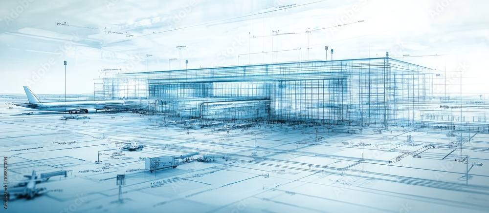 Architectural blueprint of a modern airport terminal building with a ...