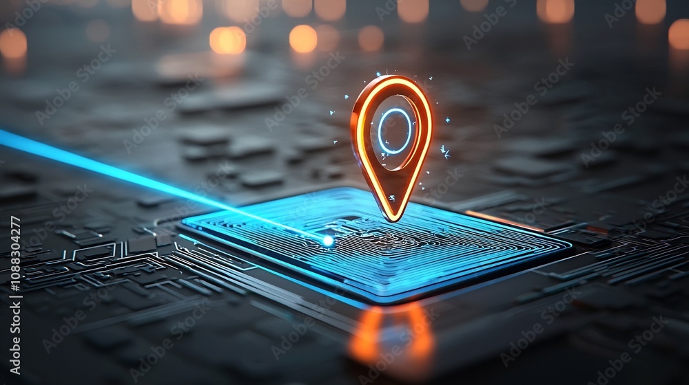 Holographic location pin icon with a sparkling blue line leading the ...