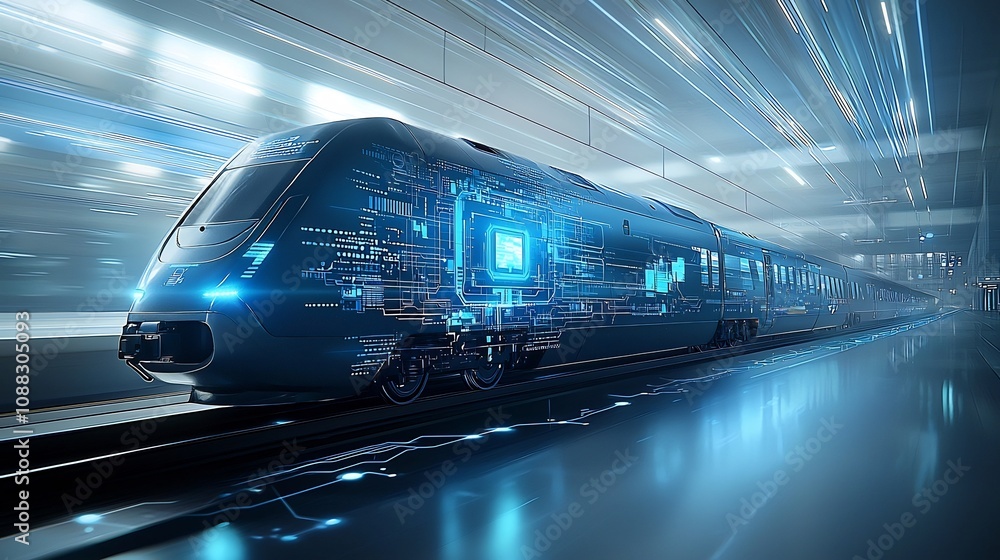Vibrant blue toned depicting a sleek futuristic train design with ...