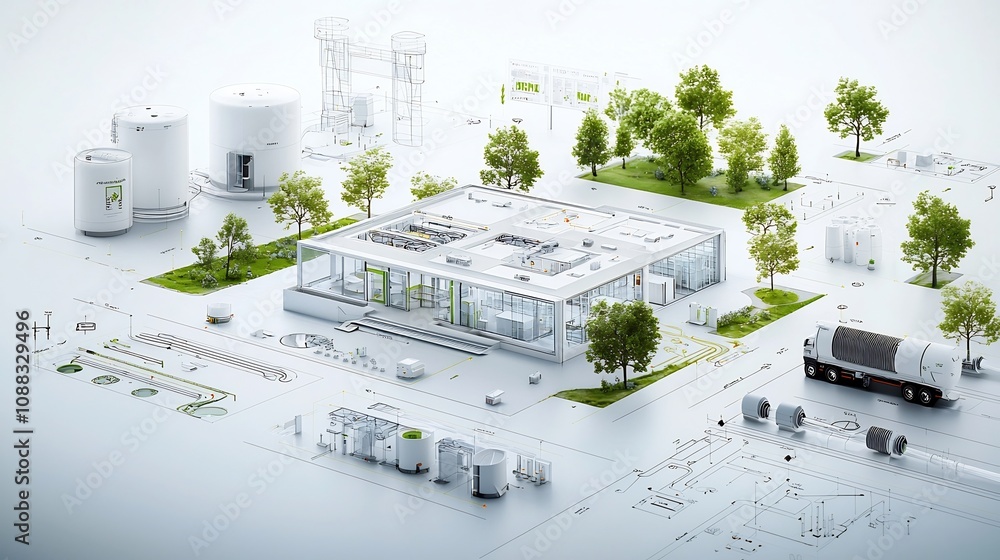 Digital blueprint showcasing the design of a sustainable building with ...