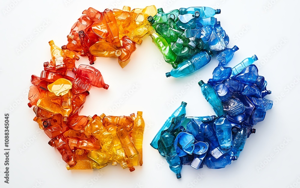 Artistic recycling symbol formed from crushed plastic bottles ...