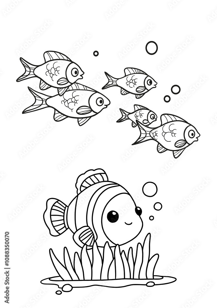 Adorable kawaii clownfish and a school of fish underwater with bubbles ...