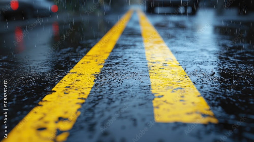 Rain-drenched asphalt road with vivid yellow lines creating a striking ...