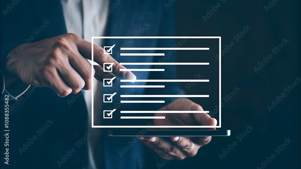 Businessman touches a digital progress checklist with check marks and ...