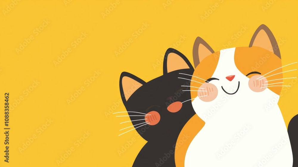 Two happy cats with closed eyes against a bright yellow background ...