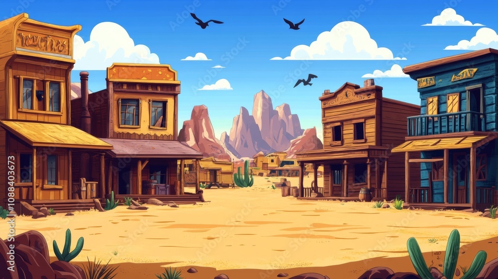 Western Town Cartoon Illustration with Desert Landscape, Old Buildings ...