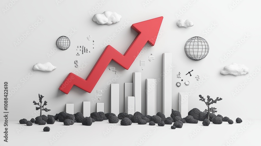 Graph with Upward Arrow A 3D graph with a bold red arrow pointing ...