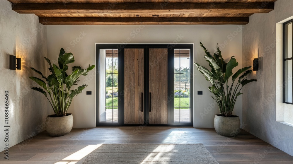 Entrance hall featuring a blend of modern chic and rustic aesthetics ...