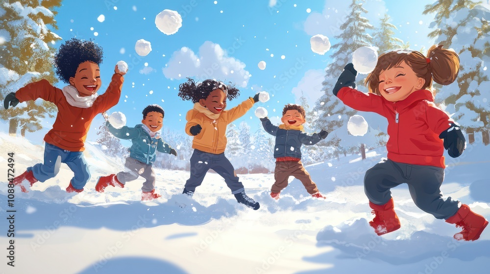 Multicultural children playing snowball fight and having fun in snow in ...