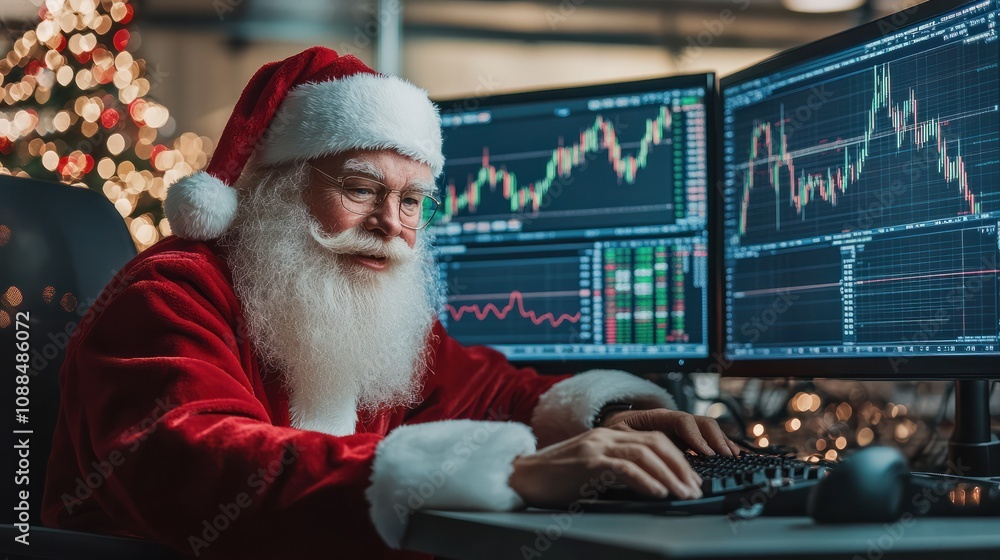 Santa Claus working at a trading desk with computer monitors displaying ...