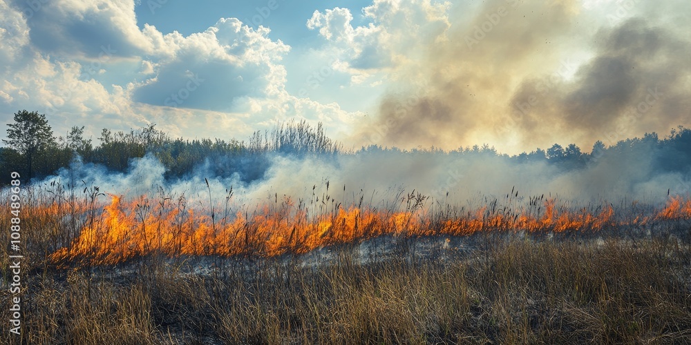 Grass near the fire generates significant smoke, as strong winds ...