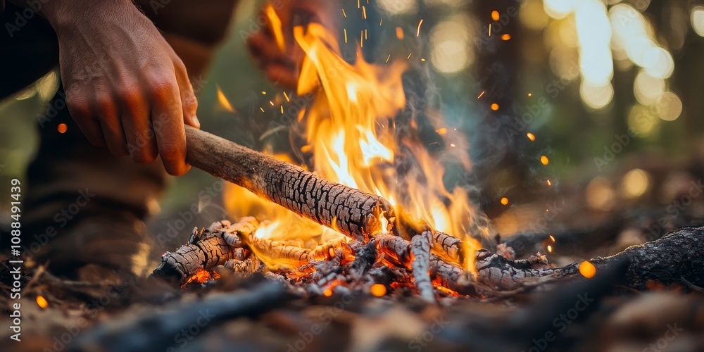 Man igniting a fire in the woods using friction techniques with a stick ...