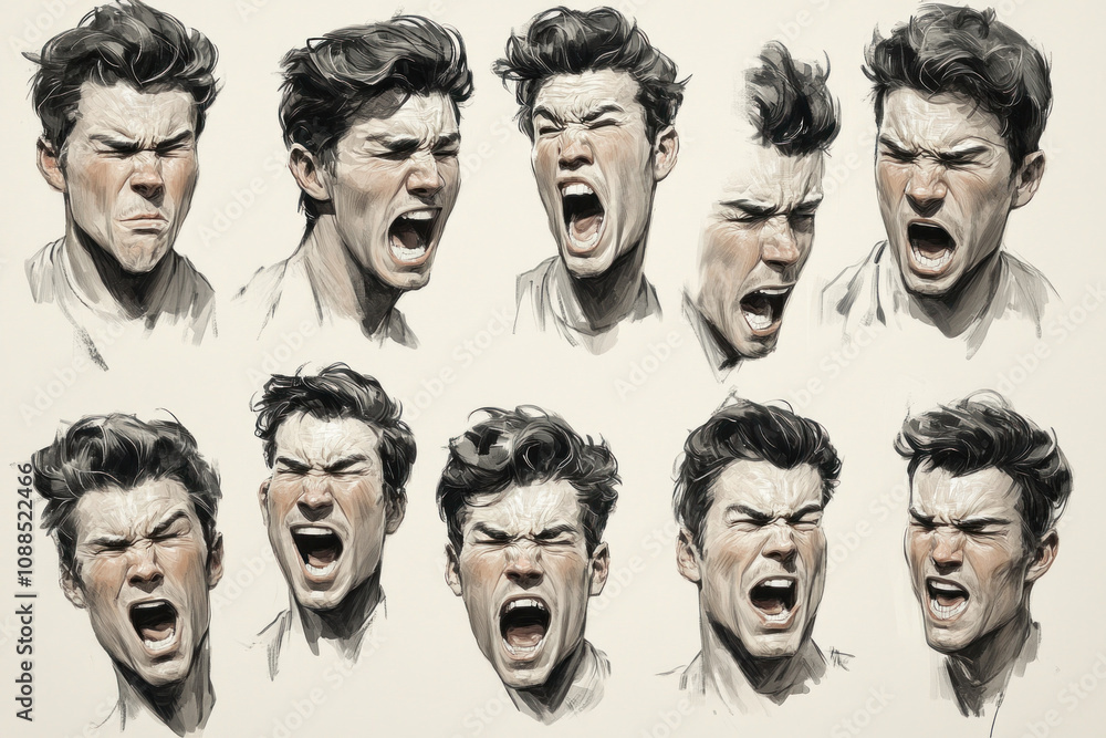 Man's face displaying multiple emotions: joy, sorrow, anger, surprise ...