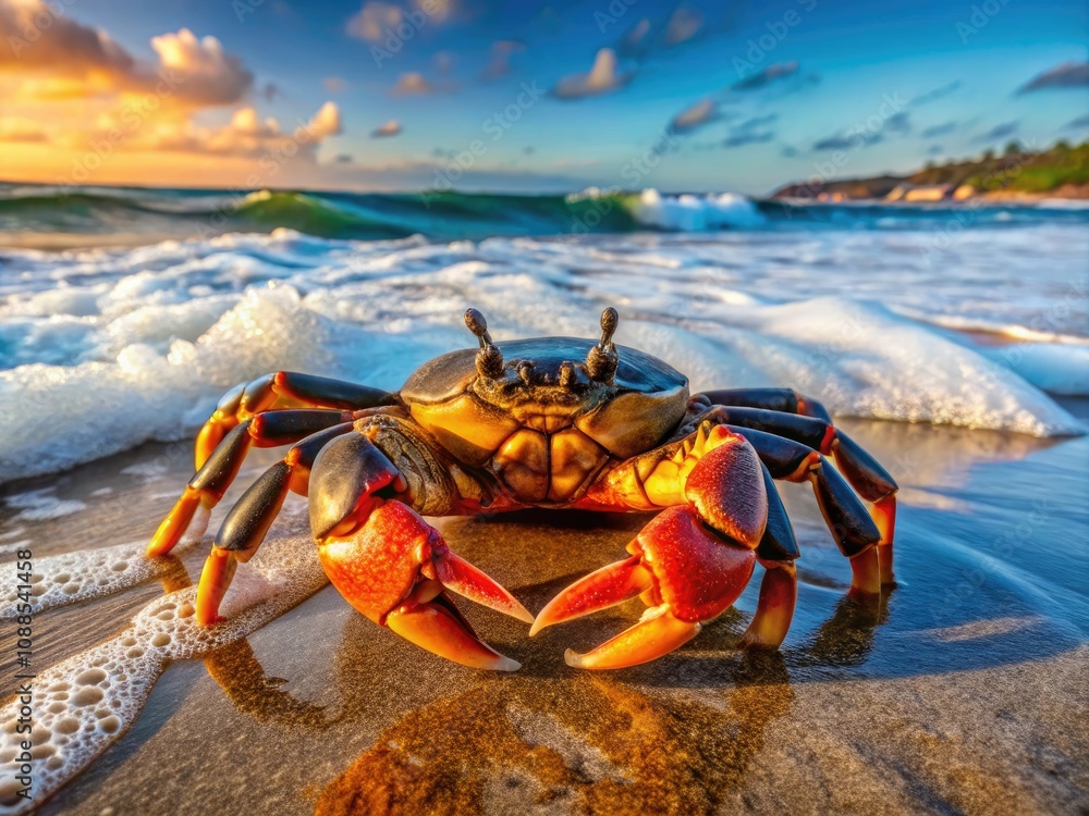 Aerial View of a Large Crab with Vibrant Orange and Black Claws on ...