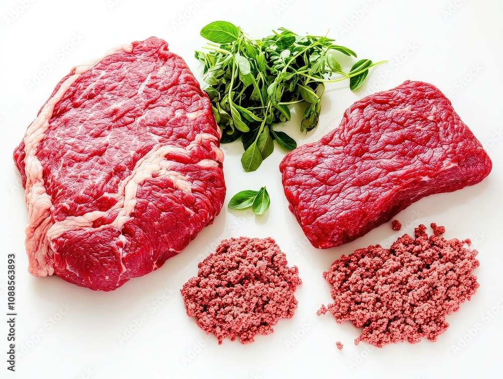 Various cuts of raw beef, such as brisket, chuck roast, and ground beef ...