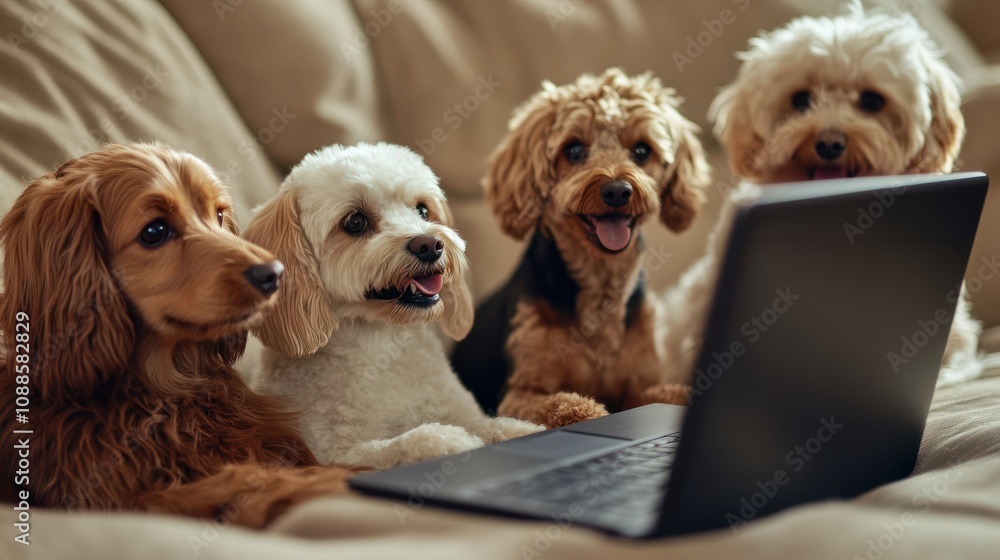 Dog talking to dog friends in video conference. Group of dogs having an ...