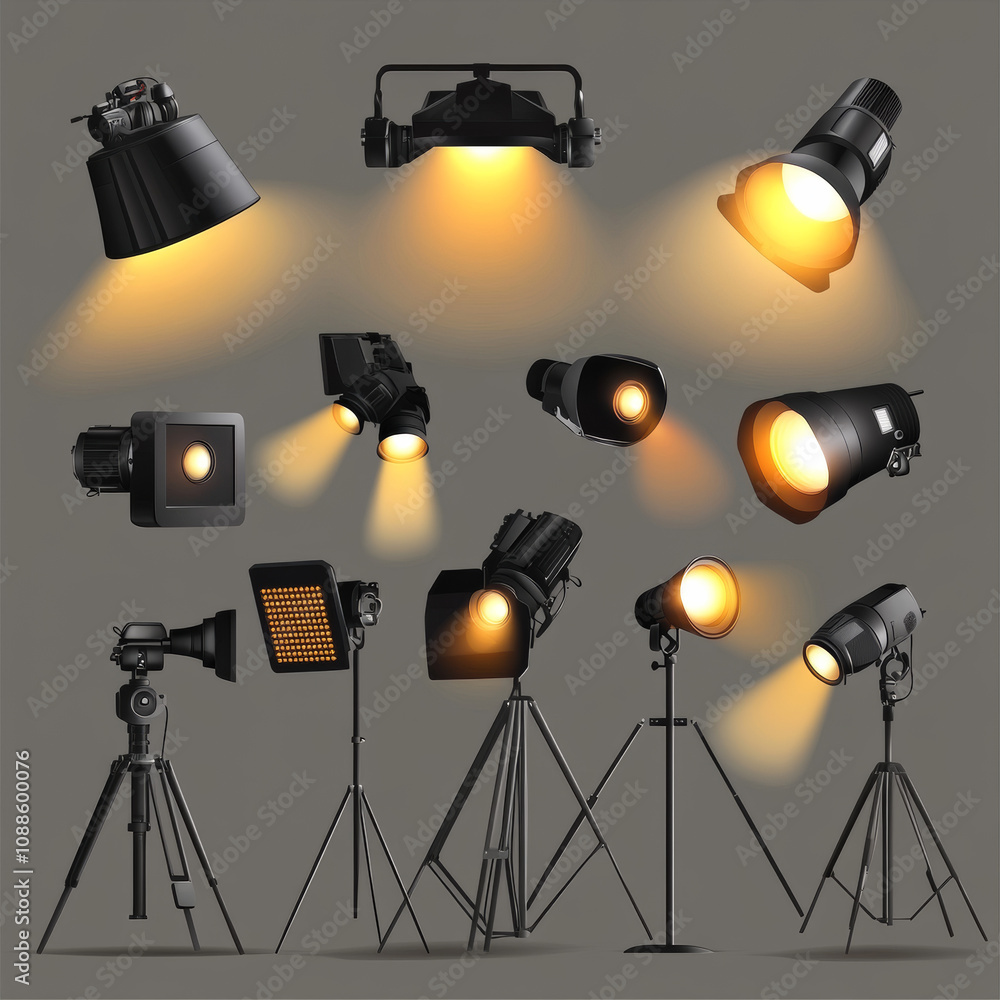 A 3D set of realistic lighting equipment, including studio lights ...