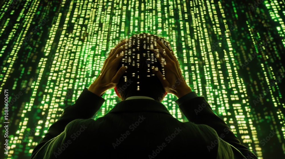 A stressed programmer staring at lines of complicated code, hands ...