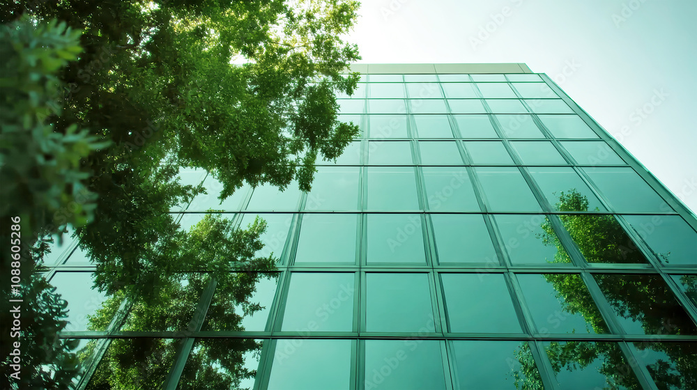 Modern green office building with glass windows reflecting trees ...