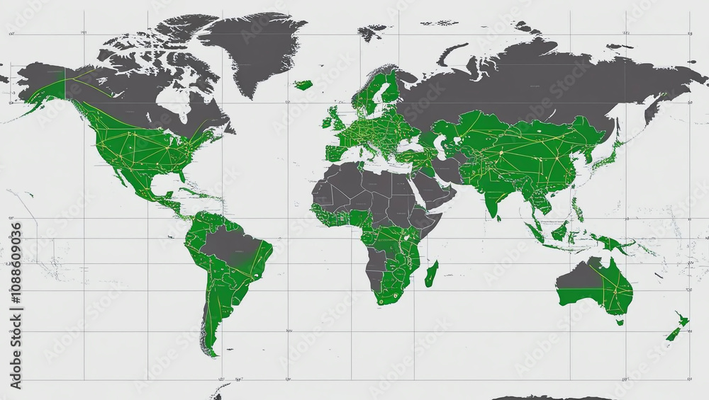 world map featuring green grids and markers, highlighting global net ...