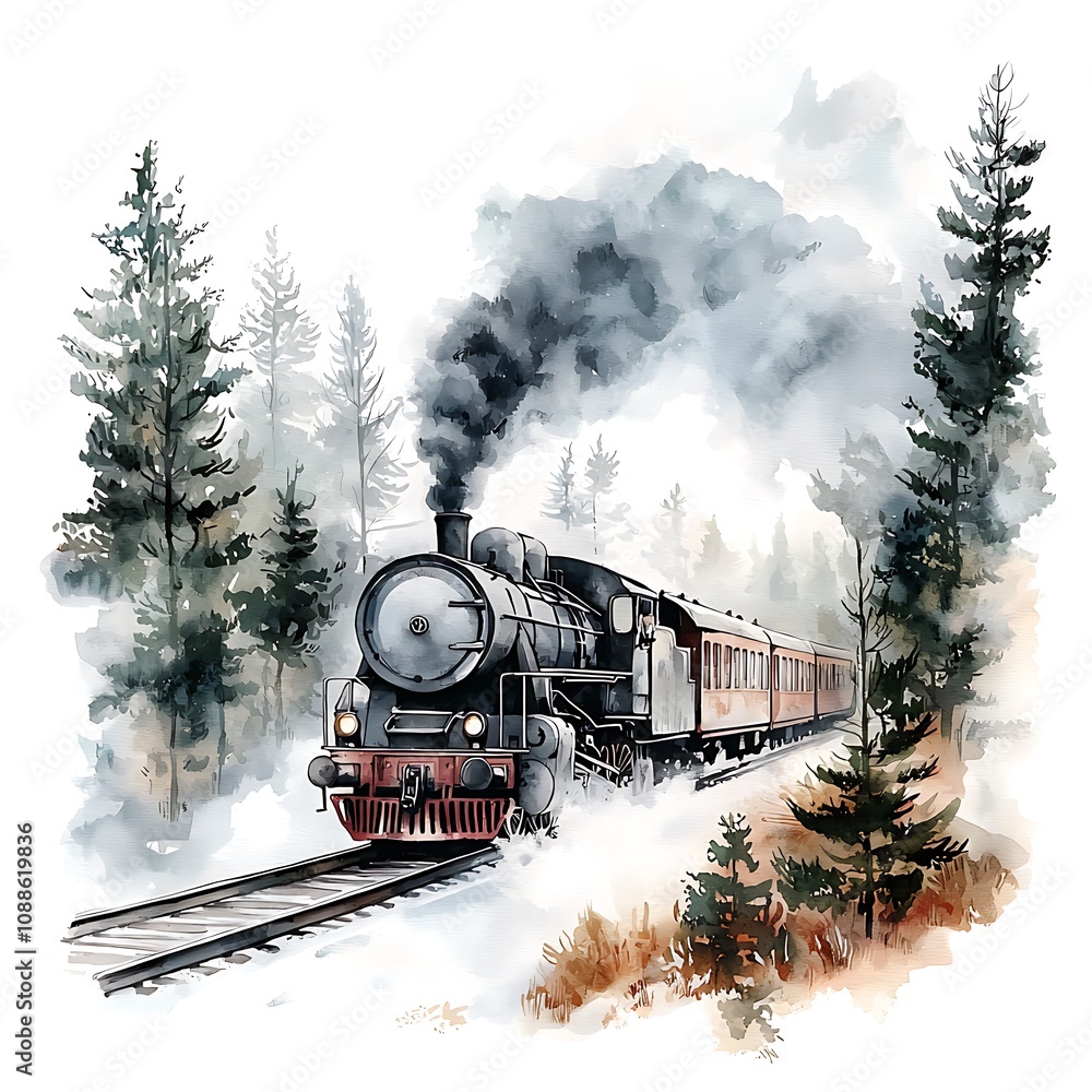 Vintage Steam Train Journey Through a Winter Forest Watercolor Painting ...