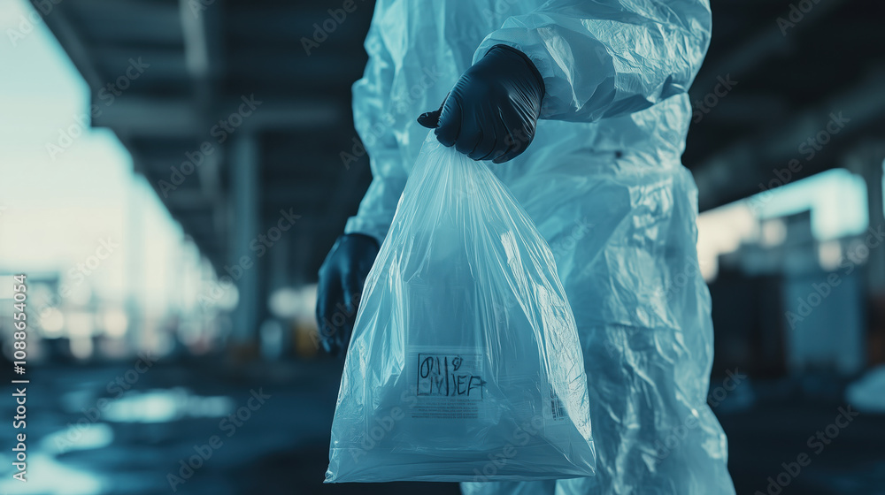Closeup of Crime Scene Investigator in Protective Suit Holding Plastic ...