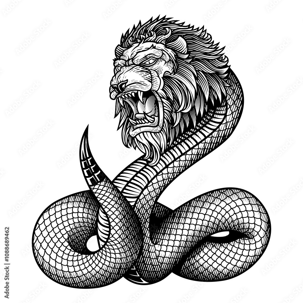 Gnostic symbol of Demiurge Yaldabaoth or Chnoubis. Vector illustration in engraving technique of ...