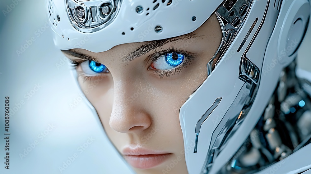 Futuristic humanoid cyborg with intense powerful gaze in a close up ...