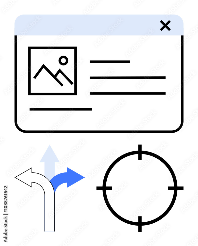 Web browser window displaying image and text, directional arrows ...